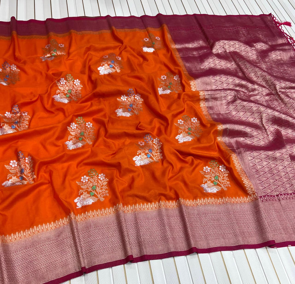 Orange Pure Khadi Crepe Georgette Jacquard Weaving Saree