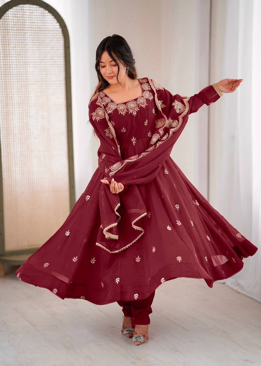 Crunchy Silk Gown With Embroidery Sequence Work Anarkali Suit
